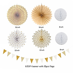 Beige-Champagne Gold White-Peach Boho Party-Decorations - 20pcs Neutral Baby Shower Rustic Wedding Paper Lanterns Fans,Tissue Pom Poms,Honeycomb Balls,Bunting,Birthday Bridal Decor Burgleda