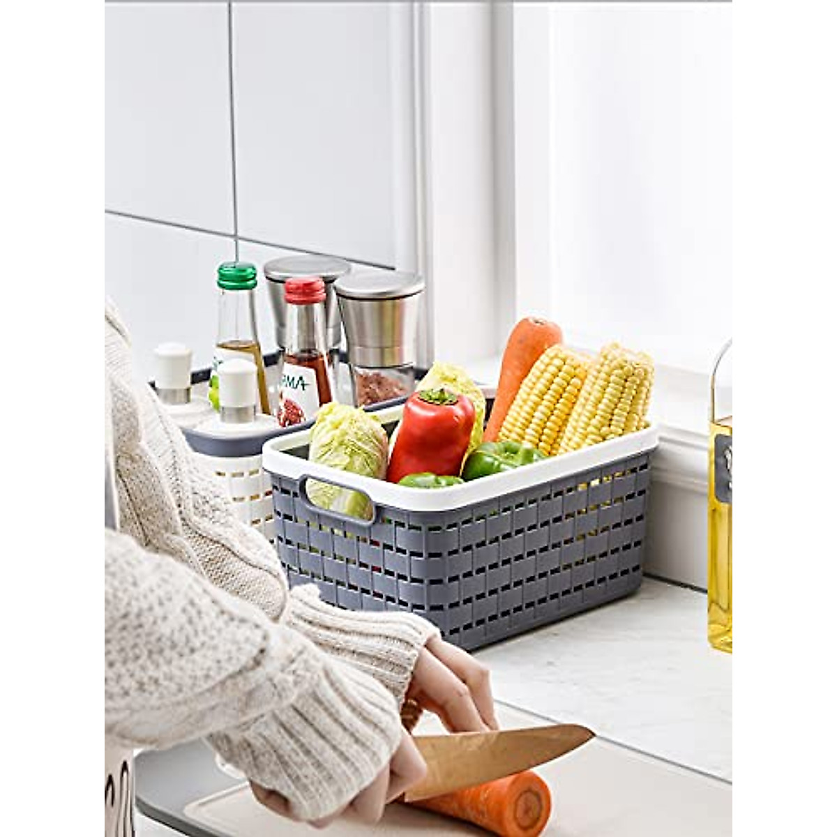 SOUJOY 5 Pack Classroom Storage Basket with Handles, Woven Plastic Organizing Bin, 9.1"L x 6.8''W x 4.5H'' Office Storage Organizer Bin for Pantry, School, Toy, Beauty Products