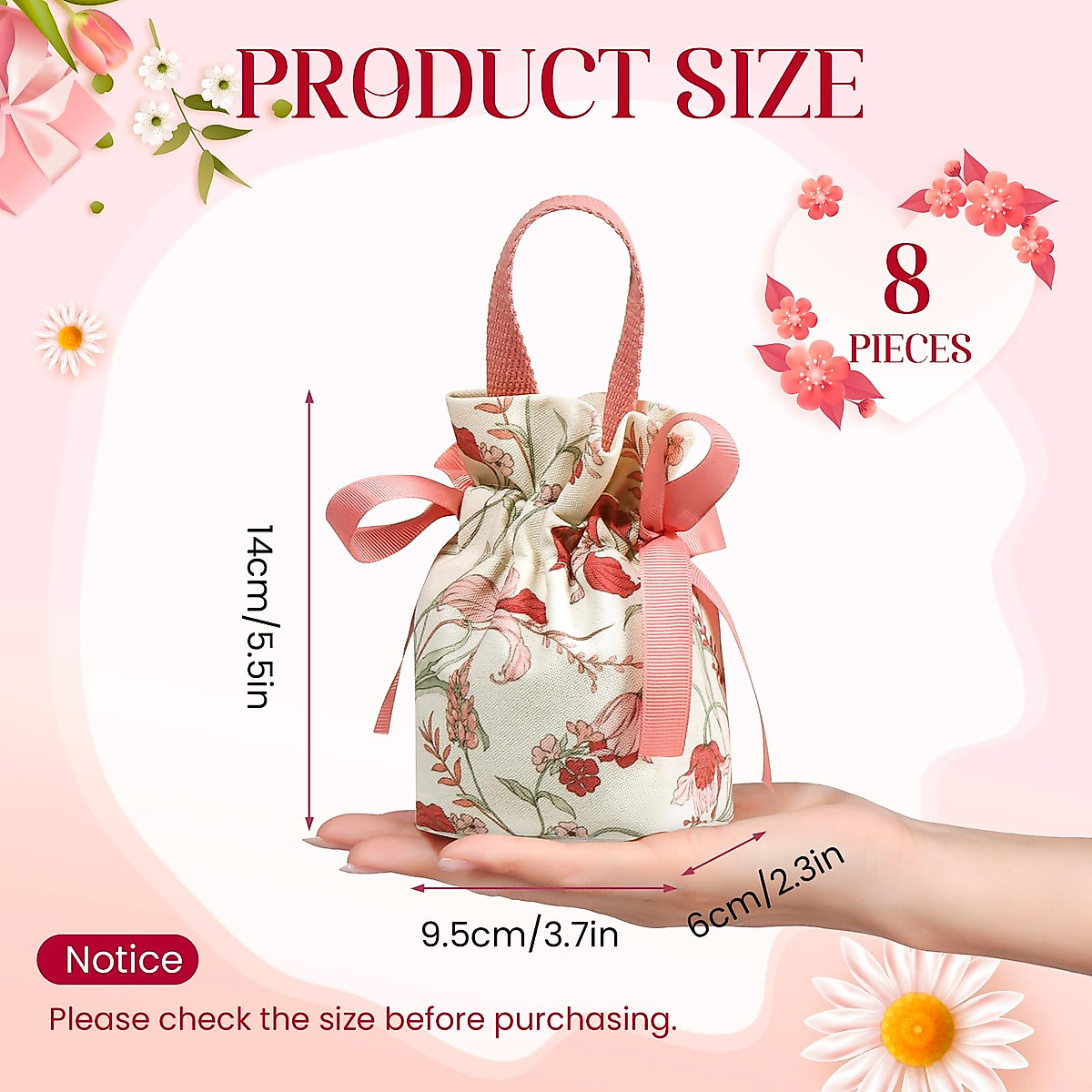 Liobelon 8 Pieces Floral Small Gift Bags with Handles 5.5 x 3.7 x 2.3'' Canvas Small Candy Bag Tea Party Favor Bags Wedding Favors Boxes for Party, Baby Shower,Bridal Shower (pink)
