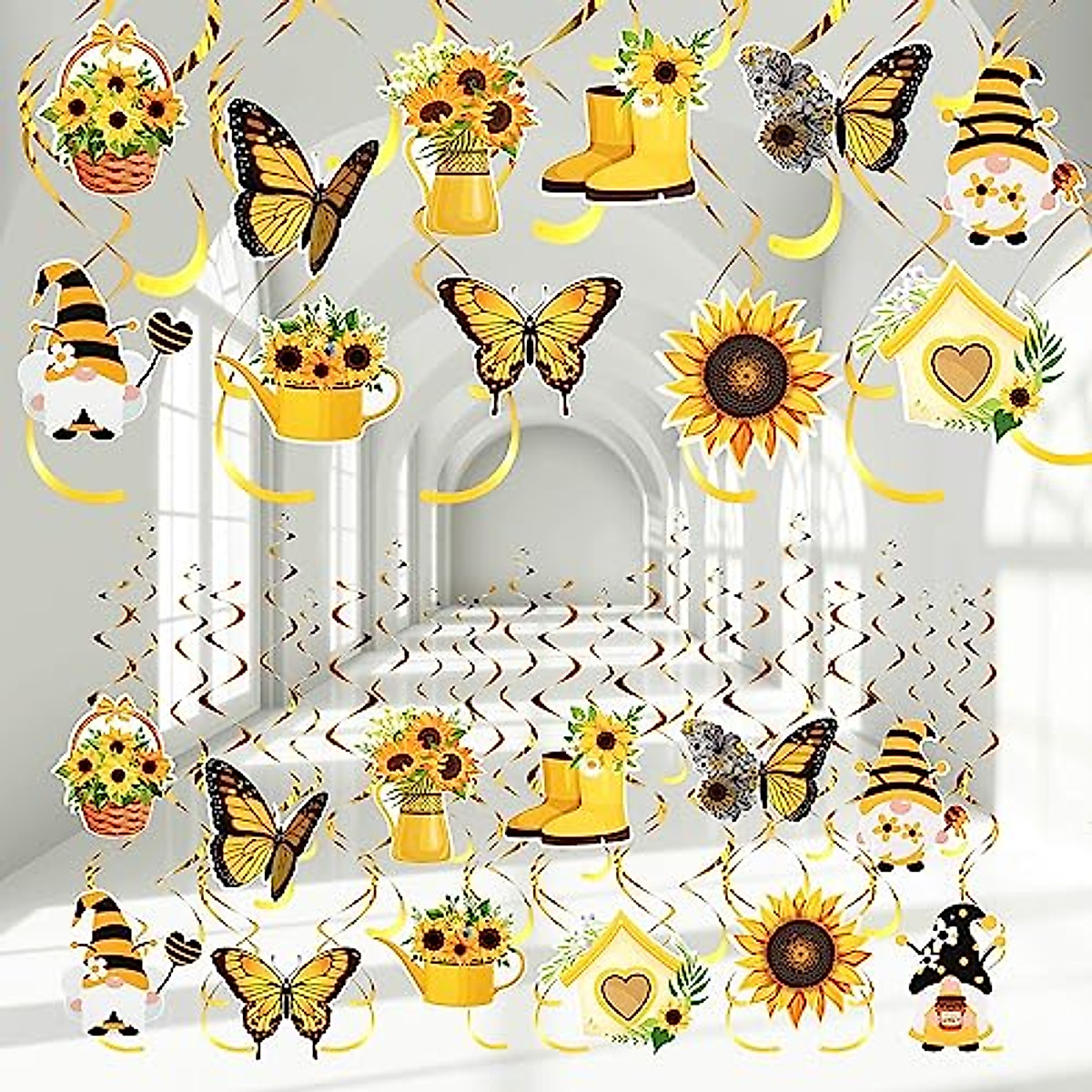 Bencailor 36 Pcs Sunflower Hanging Swirls Decorations Sunflower Party Supplies Decorations Sunflower Gnome Butterfly Ceiling Butterfly Streamers Decor for Summer Birthday Baby Shower Wedding Decor