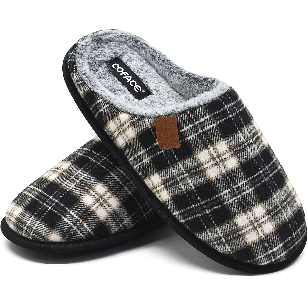 COFACE Mens Womens Black White Flano Plaid Cozy Memory Foam Scuff Slippers Slip On Warm House Shoes Indoor/Outdoor With Best Arch Support