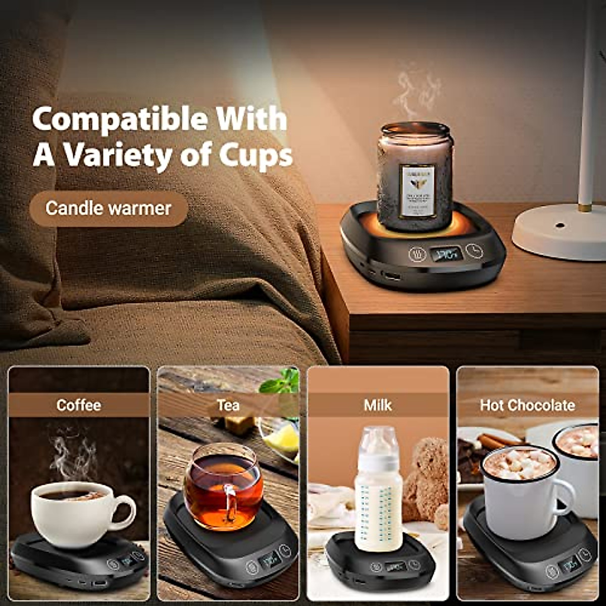 Coffee Mug Warmer,Coffee Warmer with 3 Temperature Settings, Auto Shutt-Off,Gravity Switch and 3x10W Charging Port, 70W Coffee Cup Warmer for Desk Use,Electric Beverage Warmer for Keep Coffee Tea Hot
