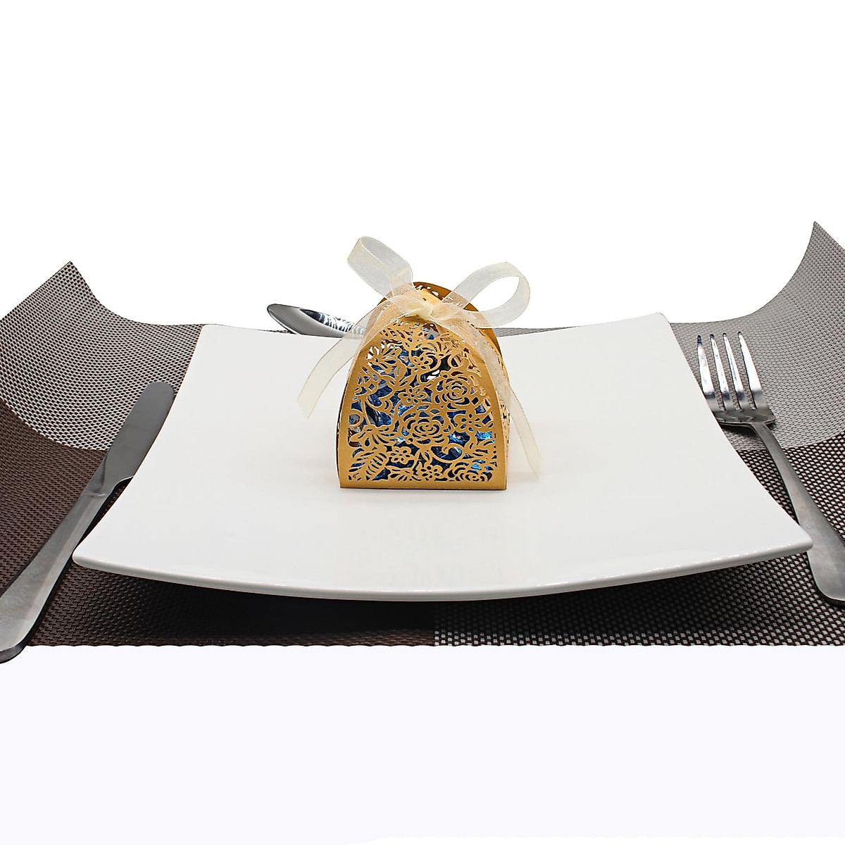 KPOSIYA Pack of 100 Laser Cut Rose Candy Boxes, Favor Boxes 2.5"x 2.5"x 3.1", Gift Boxes for Bridal Shower Anniverary Birthday Party Wedding Favor (100,Gold)