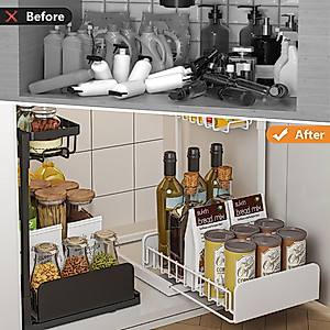 JTAGOO Under Sink Organizers and Storage, Metal L-shape Kitchen Organization 2-Tier Sliding Cabinet Organizer, Under Bathroom Sink Cabinet Organizer Shelf with Drawers, Black, 1 Pack