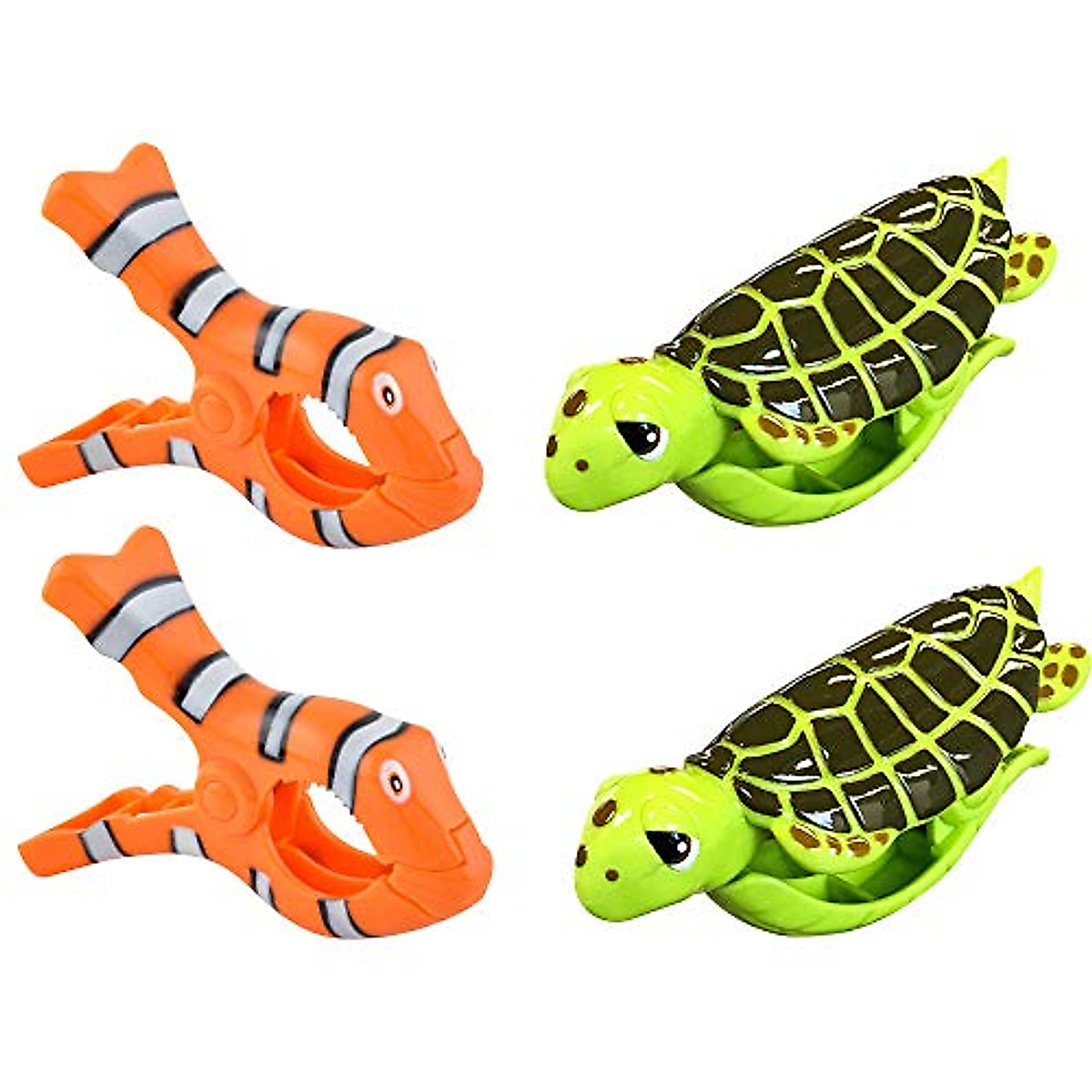O2COOL Bocaclips - Beach Towel Clips For Beach Chairs, Patio And Pool Accessories - (Clown Fish/Turtle) 4 Count
