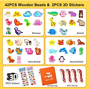 Eivaai Montessori Educational Wooden Lacing Beads Toys for Toddler 3 4 5 Year Old, Farm Animals Dinosaur Fish Threading Toys Preschool Stringing Fine Motor Skills Toy for Boys Girls