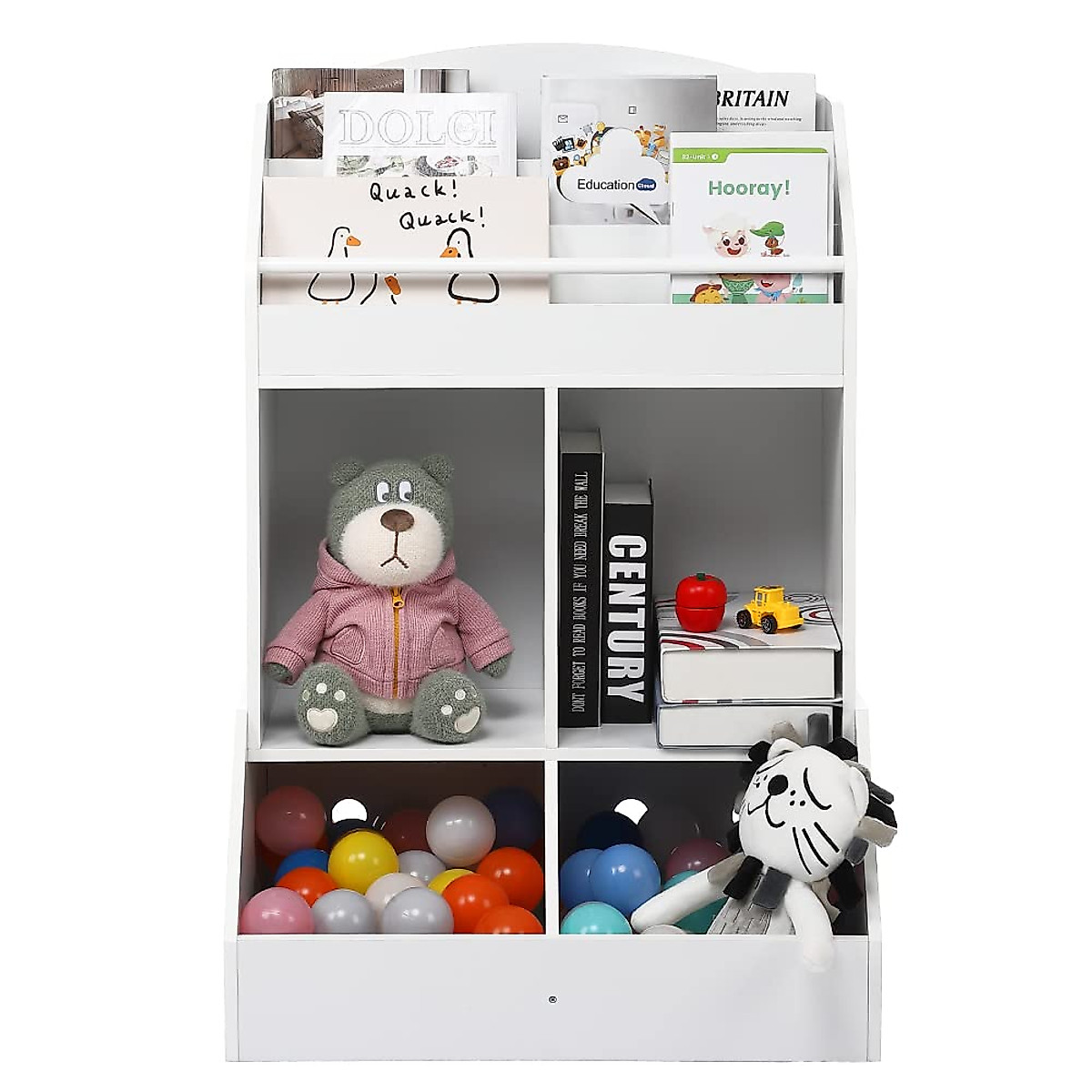 Kids Bookshelf and Toy Storage, Wood Book Shelf Organizer for Toddler, Playroom Storage, White