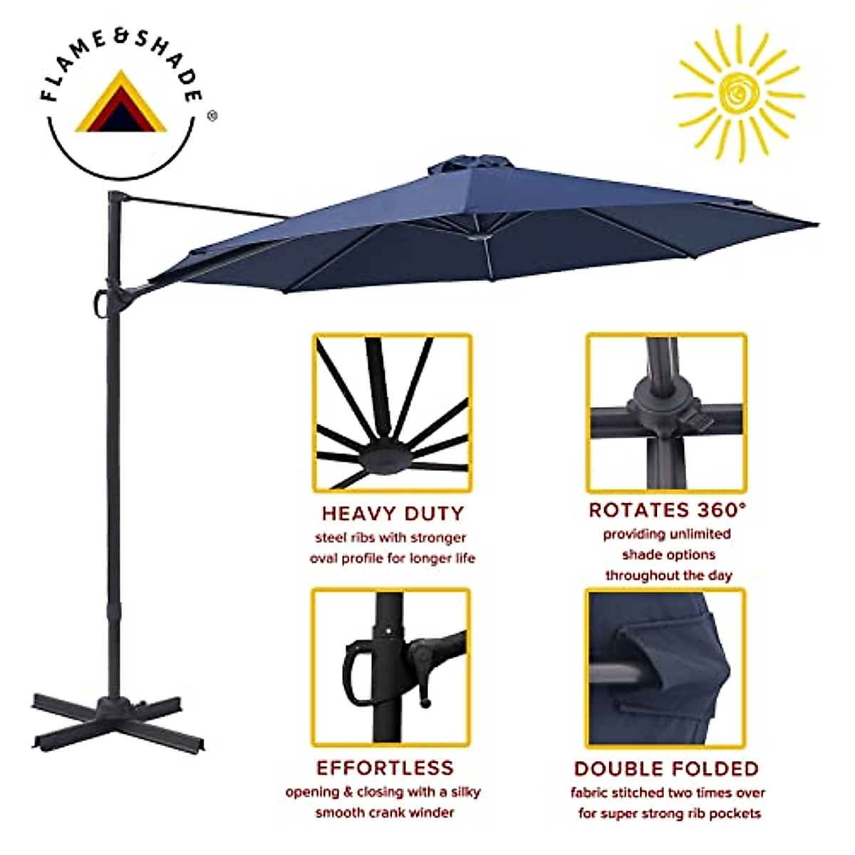 FLAME&SHADE 10 ft Cantilever Offset Outdoor Patio Umbrella with Base Stand Rotate and Tilt - Navy