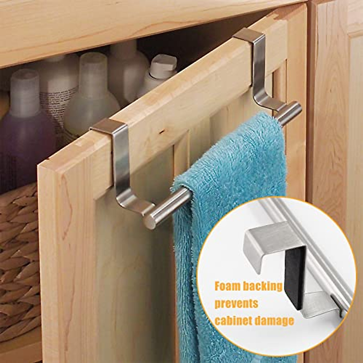 Coufce 23cm / 9 Inch Stainless Steel Kitchen Cabinet Towel Holder, Over Door Towel Rack Bar Holder, Towel Rack with Hooks for Bathroom, Over Cabinet Cupboard Doors(2Pcs)