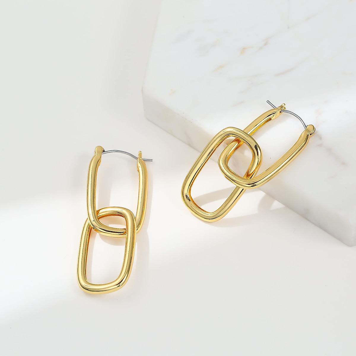 WOWORAMA Gold Chain Link Earrings for Women 14K Gold Long Paperclip Dangle Drop Earrings Double Square Hoop Earrings Minimalist Link Chain Dangling Earrings Jewelry