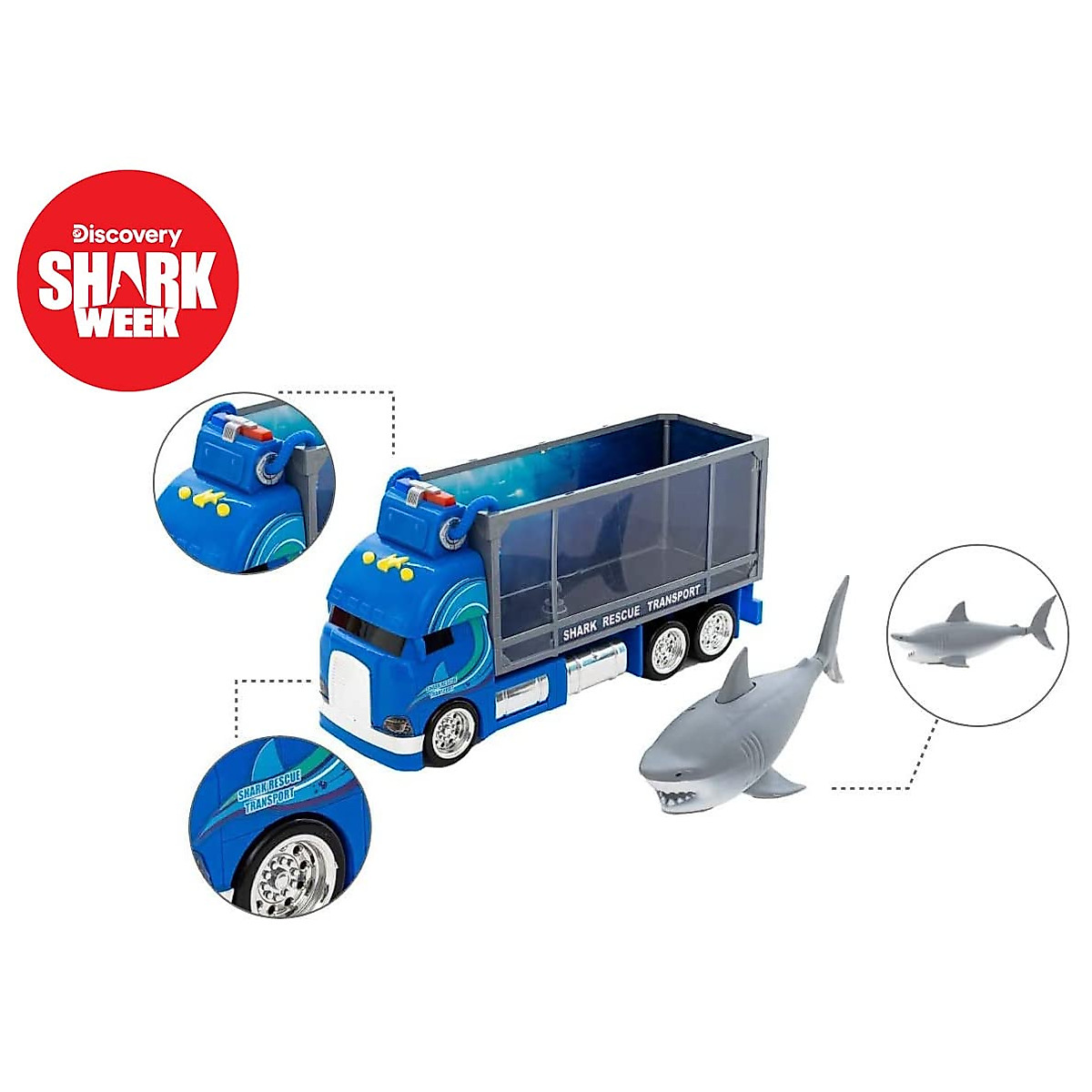SHARK WEEK Discovery - Rescue Transport Truck Toy Playset for Kids, Includes Moving Toy Truck with Lights and Sounds, Great White Shark Tank, Hand Painted, Realistic, Eco Friendly, Officially Licensed