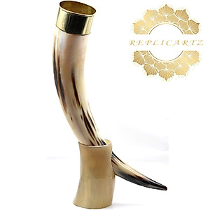 Natural FInish Authentic Handcrafted Viking Drinking Horn - 12" Natural - Best for Beer, Mead, Ale… (Brass Rim Polished)