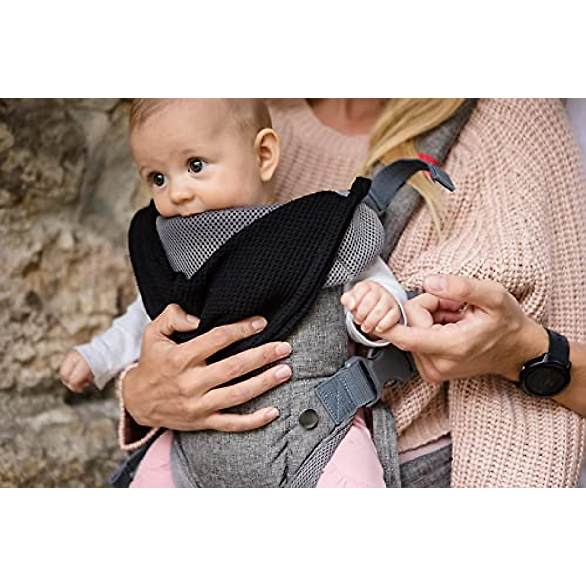 YOU+ME 4-in-1 Baby Carrier Newborn to Toddler - All Positions Baby Chest Carrier - Front and Back Carry Baby Carriers - Includes 2-in-1 Bandana Bib - Baby Holder Carrier for 8-32 lbs (Grey Mesh)