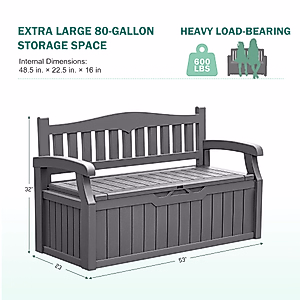 Greesum 70 Gallon Outdoor Storage Bench, Resin Patio Furniture with Armrest,Waterproof and Durable, Perfect to Garden, Poolside and Lawn,Grey