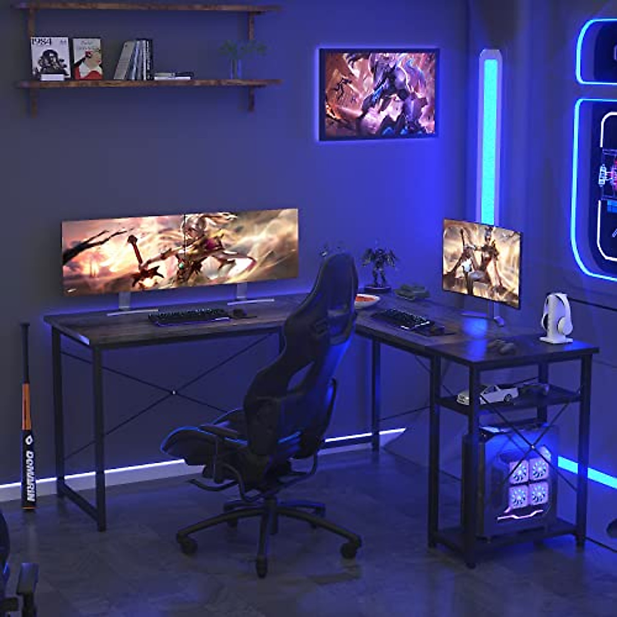 Ecoprsio L-Shaped Desk Large L Shaped Gaming Desk with Storage Shelves Oak Corner Desk Writing Study Table for Home Office Gaming Workstation, Oak and Black