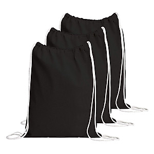 TBF Cotton Drawstring Backpack Gym Sack, Canvas Cinch Sport Pack for Men, Women - Set of 3, Black
