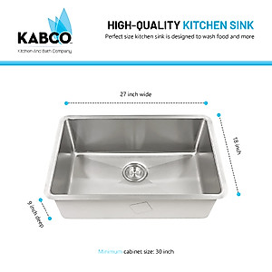 KABCO 18 Gauge 27 Inch Single Bowl Undermount Stainless Steel Kitchen Sink, Rust Resistant Sound and Heatproof Laser Cut Tight Radius SInk for Indoor or Outdoor Kitchens