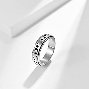 WLPCIV Stainless Steel Spinner Ring for Women Men Fidget Bands Anxiety Rings Relieving Stress Moon Star Engagement Wedding Promise Band Rings, Silver Size 6