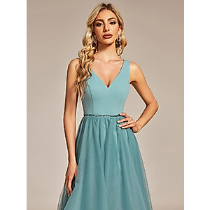 Ever-Pretty Women's Simple A-line Beads Tulle Deep V-Neck Homecoming Dress with Beaded Dusty Blue US8