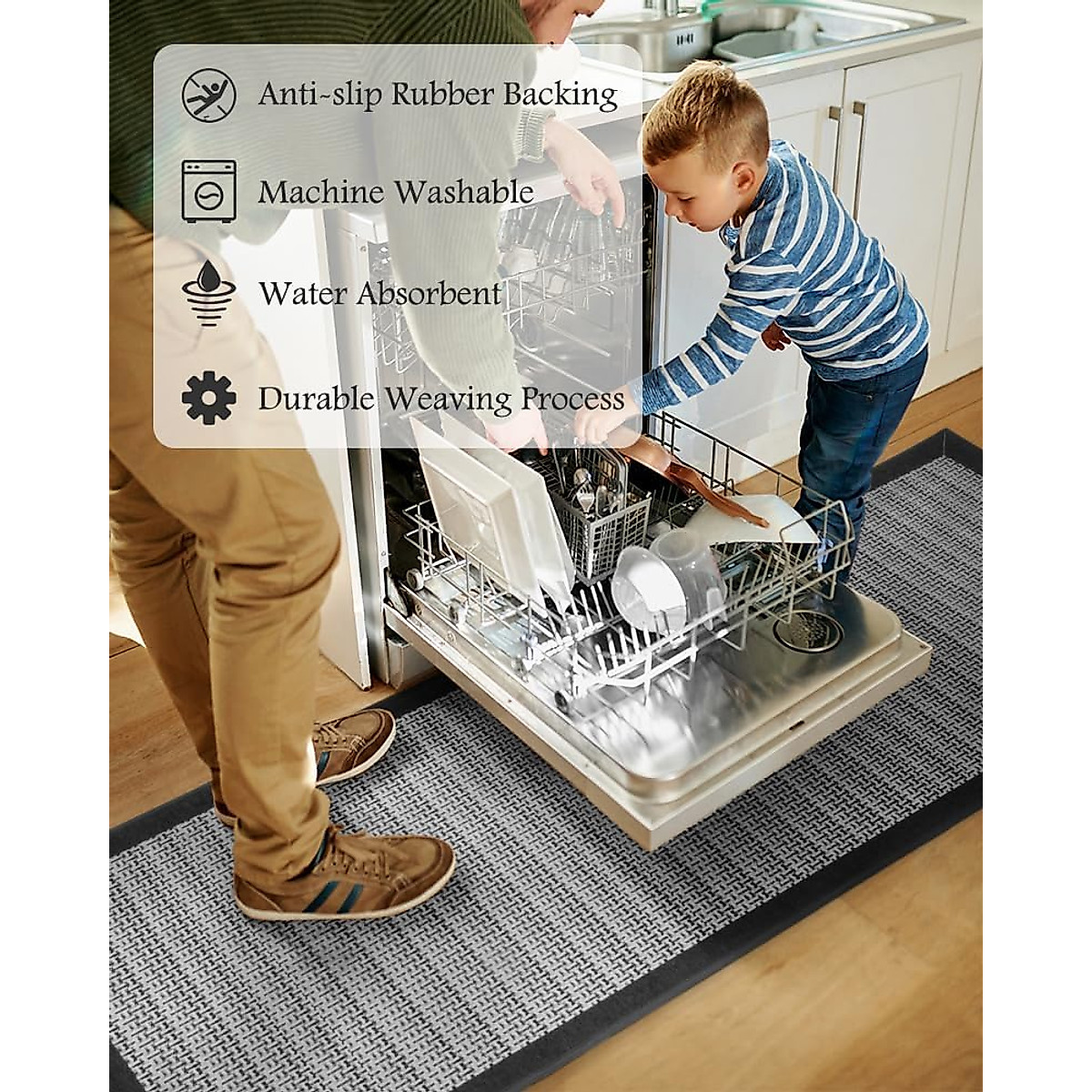 Cognitixx Kitchen Rugs, Non Skid Washable Kitchen Floor Rugs Absorbent Kitchen Mats with Rubber Backing, Durable Woven Floor Mats for Kitchen, Home, Farmhouse, Front of Sink (Black, 20" x 32")