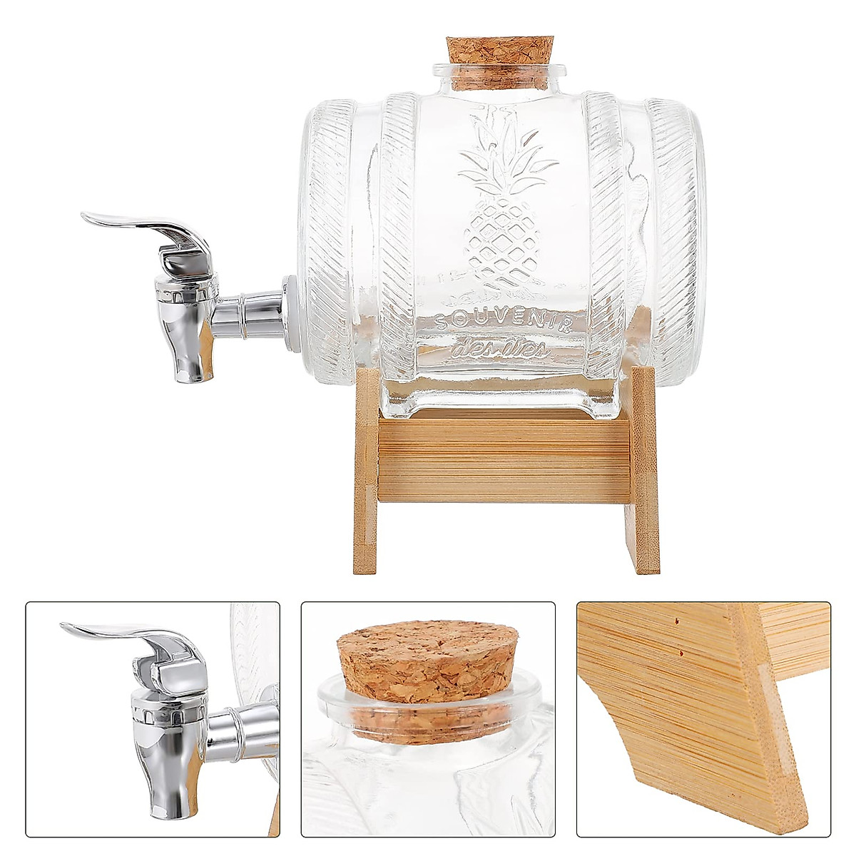 Hemoton Wine Barrel Vintage Glass Barrel Dispenser Wine Making Barrels with Bamboo Rack and Faucet for Whiskey Bourbon Tequila Beer Beverage