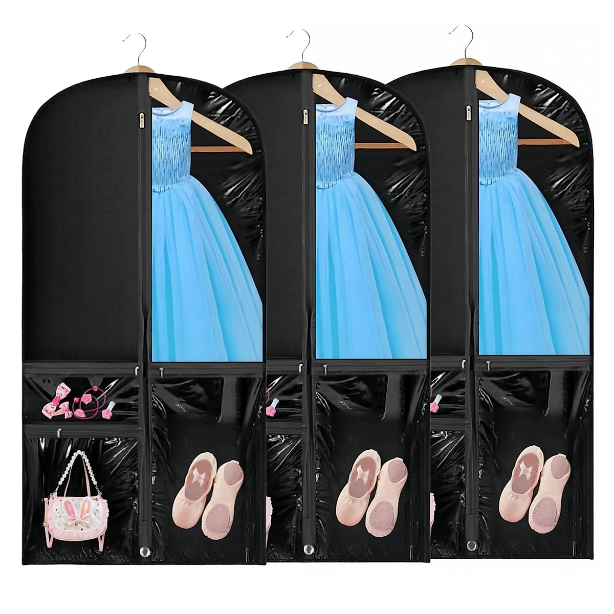 Sanseenia Clear Dance Costume Garment Bag, 39 Inch Garment Bag for Dance Competitions, Kids Hanging Clothes Cover for Girls Closet Storage with 3 Zippered Pockets