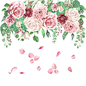 Peony Flowers Wall Decals Rose Flower Green Leaves Stickers DIY 3D Removable Floral Rose Skirting Wall Art Murals for Kids Baby Girls Bedroom Living Room Nursery Kitchen Office Room Decoration (Pink)