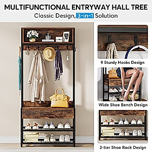 LITTLE TREE 4-in-1 Entryway Hall Tree with Drawer, Industrial Coat Rack with Shoe Bench, Shoe Storage Rack, Hutch and 9 Hooks, Rustic Brown