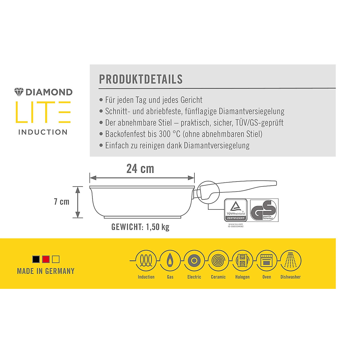 Woll Diamond 1724DPI Lite Cast High randpfanne Induction 24 CM Diameter 7 CM High with Removable Handle