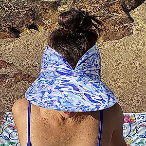Sun Visor Hat for Women,Summer Beach Hats Foldable,Wide Brim, Ponytail,Fashion Sun Shade UV Protection Soft Hat for Outdoor Blue