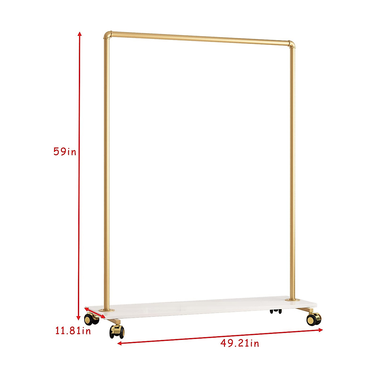 FONECHIN Gold Metal Clothing Rack with Wood Shelf, Heavy Duty Rolling Garment Rack with Wheels for Bedroom Retail Boutique Use (49.21L inches)