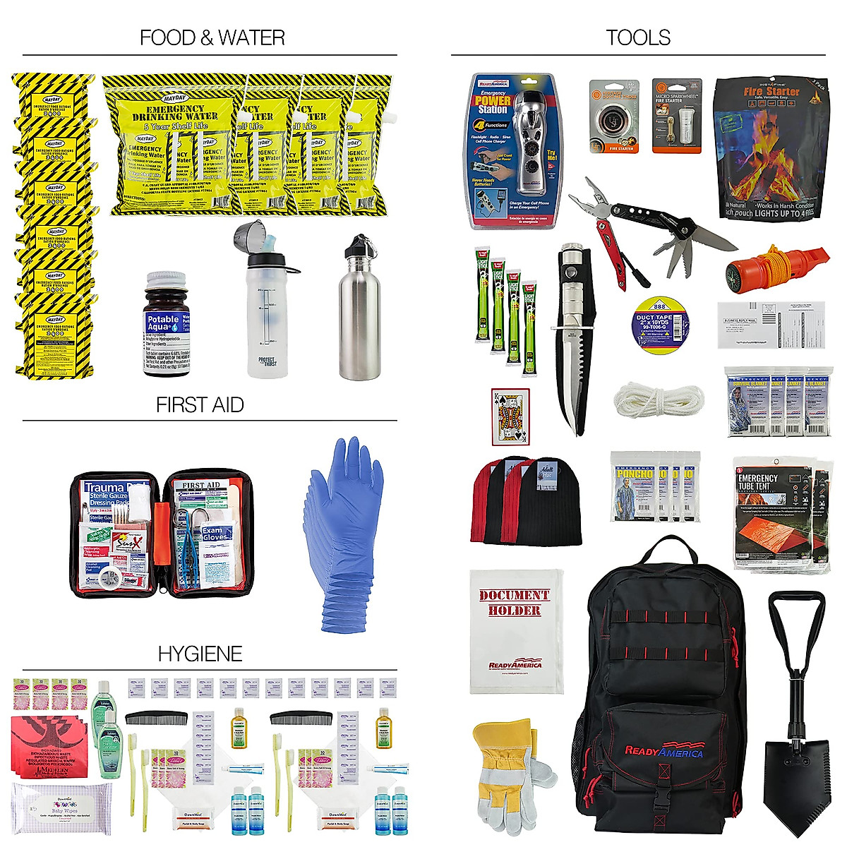 Ready America 72 Hour Elite Emergency Kit, 4-Person, 3-Day Backpack, Includes First Aid Kit, Survival Blanket, Emergency Food, Portable Disaster Preparedness Go-Bag for Earthquake, Fire, Flood
