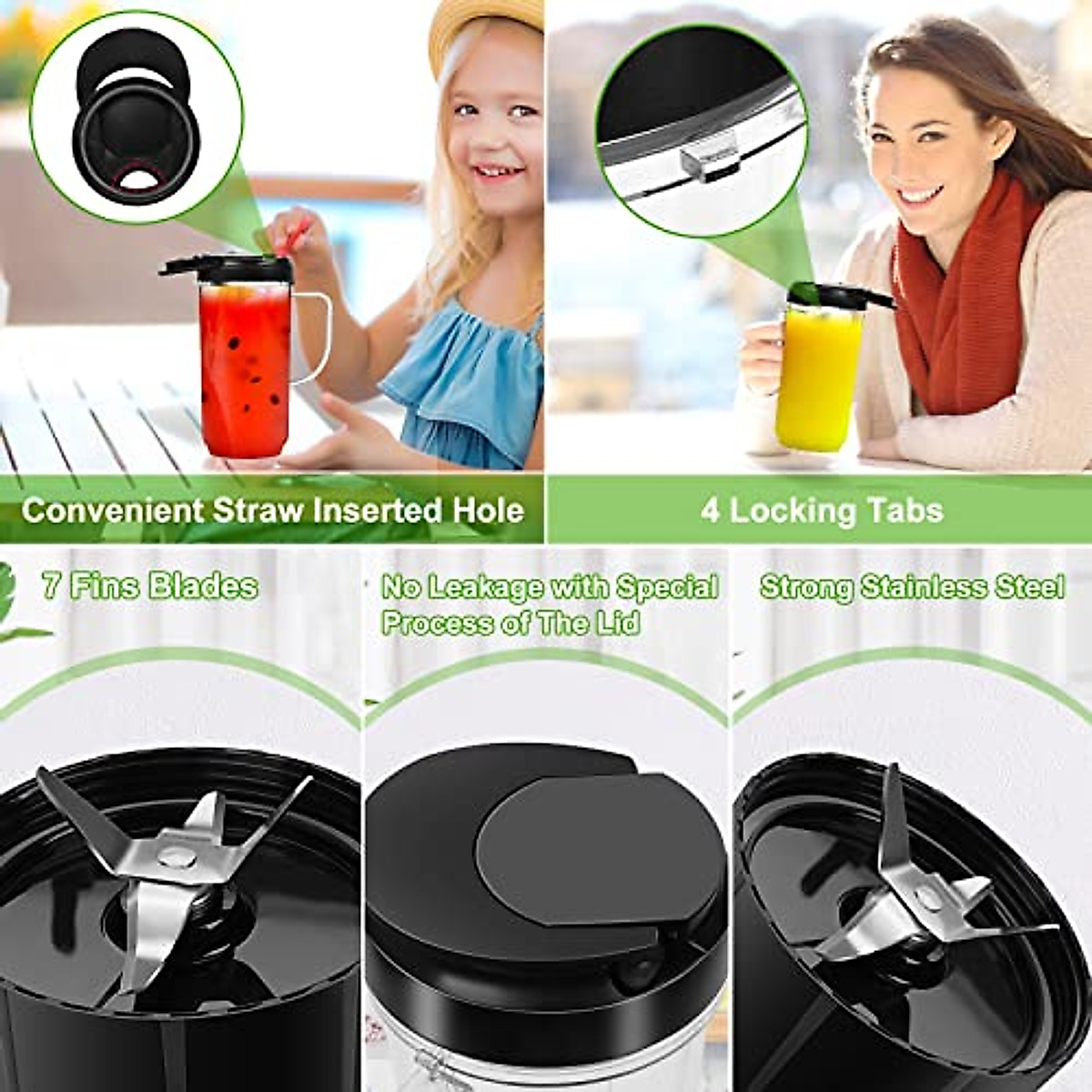 2 Pack Magic Bullet Blender Cups,Tall 22oz Cups Mugs Flip Top To-Go Lids & 4 Fins Cross Blade with Gasket Handle Replacement Part Compatible Magic Bullet Blender Juicer Mixer Accessories 250W MB1001