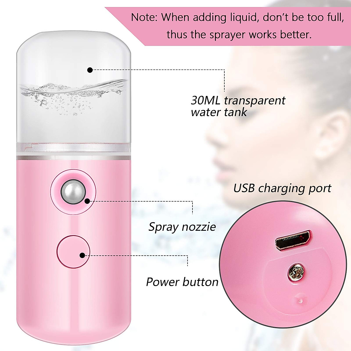 Mudder 4 Pcs Nano Facial Mister Handy Nano Mist Sprayer 30ml Visual Water Tank Portable Face Steamer Mini USB Mister for Lash Extensions, Skin Care, Makeup(White, Light Pink, Blue, Pink)
