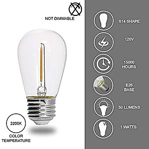 DYSMIO S14 LED String Light Bulbs, E26 E27 Medium Screw Base Edison Bulbs Equivalent to 11W, Fits for Commercial Outdoor Patio Garden Vintage Lights, 24-Pack, Soft White - Clear