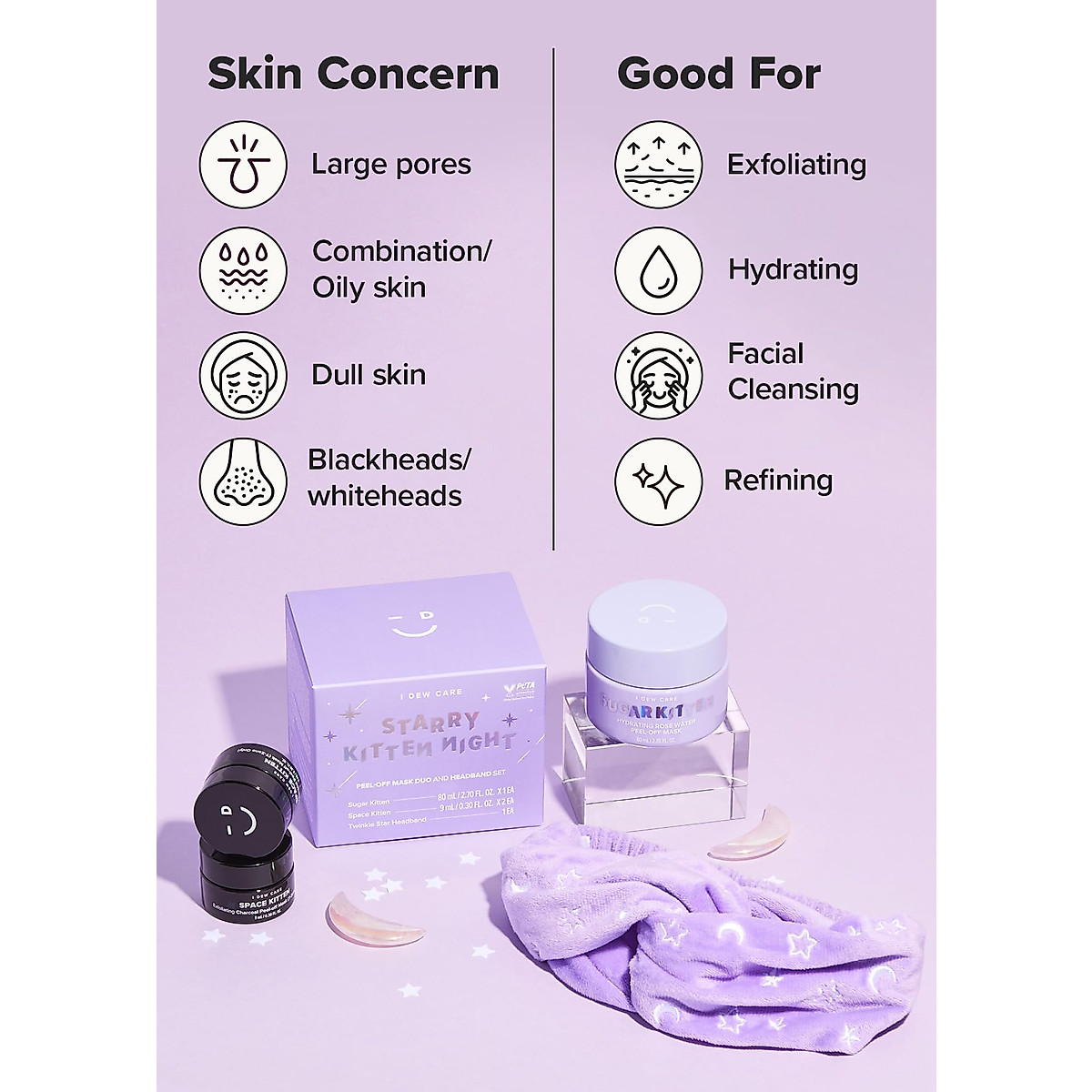 I DEW CARE Starry Kitten Night - Peel Off Masks and Headband Set | Hydrating, Illuminating, Exfoliating, Star-patterned Headband, Gifts Set for Women and Girls