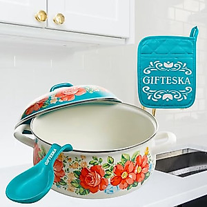 The Pioneer Woman 6.4-Quart Enamel on Steel Dutch Oven with Lid bundle with Spoon Rest and Pot Holder Turquoise Kitchen Gadgets Gift Set (TOTAL 4 PC) The Pioneer Woman Vintage Floral Kitchen Gift Sets for Women