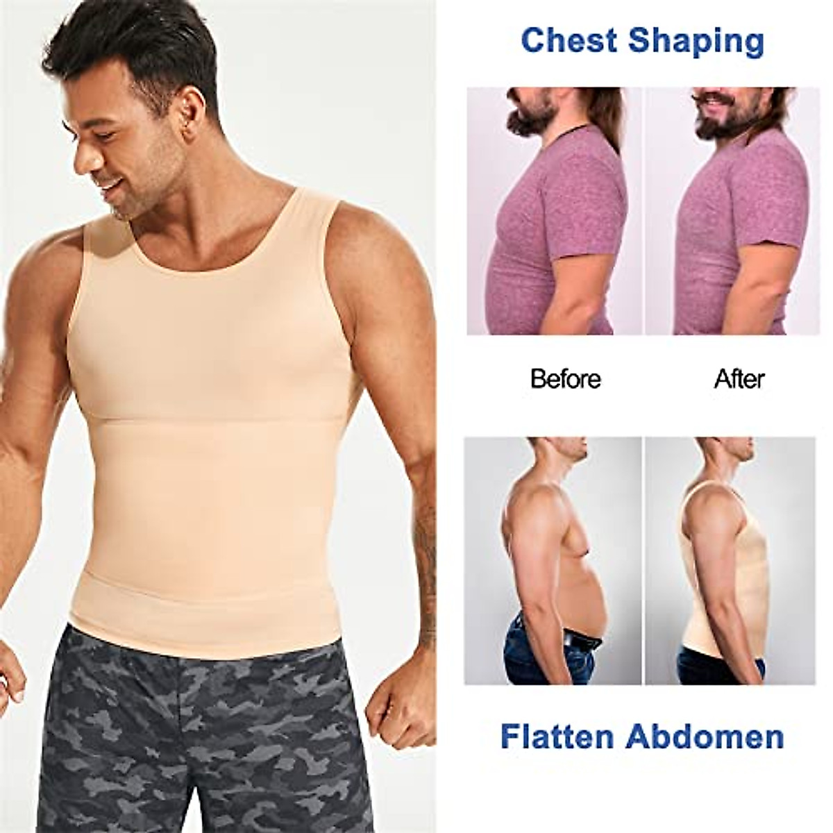 Mens Compression Shirt Slimming Body Shaper Vest Workout Tank Tops Abs Abdomen Undershirts (Beige, M)