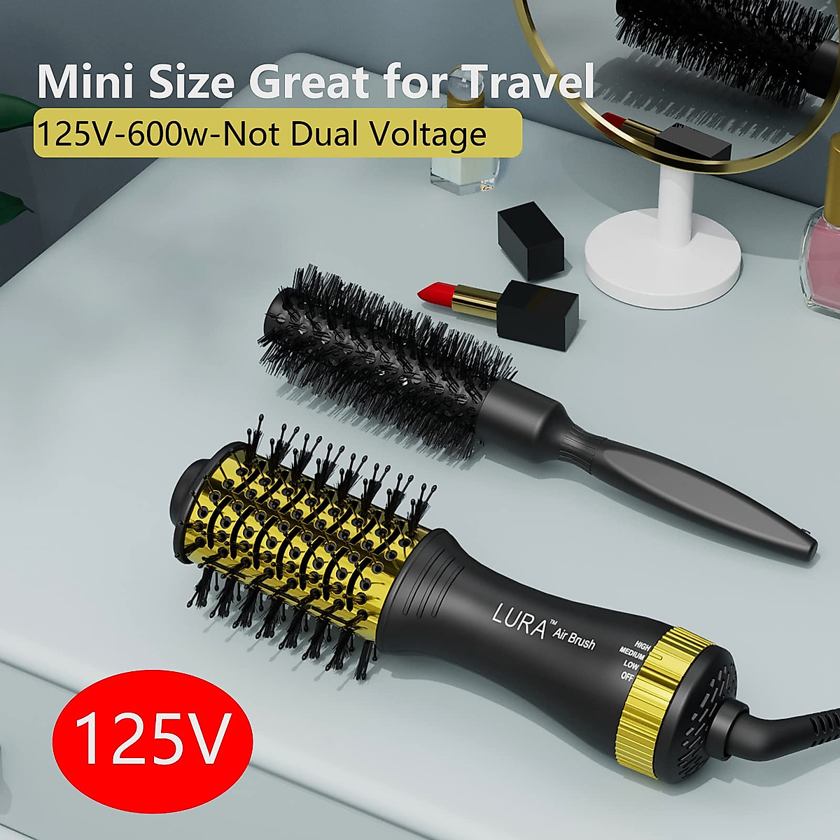 LURA Hair Dryer, 1.5 Inch Small Hot Air Brush, Plasma Technology, Ionic Hair Blow Dryer Brush in One, Mini One Step Hair Dryer and Volumizer, Black, Nylon, 600 Watts, 3 Speed Settings, 5.9 Feet Cord