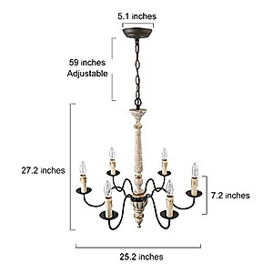 LALUZ French Country Chandelier Farmhouse Handmade Wood 6 Lights for Dining, Bedroom, Living Room, Distressed