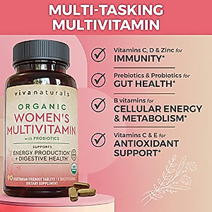 Organic Multivitamins for Women with Probiotics (90 Tablets) – Women Multivitamins for Daily Energy, Digestive Health and Immune Support Supplement with Vitamin B12, C, D and E, Iron, Folate.