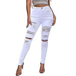 Cqinnifu High Waisted White Ripped Jeans for Women Stretch Butt Lifting Distressed Jean Skinny Jeggings for Women