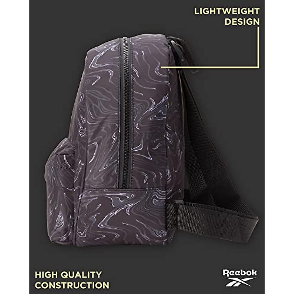 Reebok Women's Backpack - Heritage Lightweight Mini Shoulder Purse - Travel Gym Bag, Black Abstract