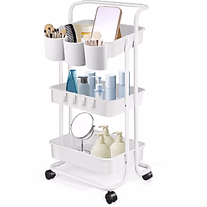 3 Tier Utility Rolling Cart - Storage Cart Organizer Cart Kitchen Cart Makeup Cart 3 Shelf Baby Tray Cart with Hanging Cups Trolley Handles and Wheels Use for Bathroom Kids Room Bedroom Office (White)