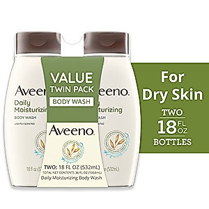 Aveeno Daily Moisturizing Body Wash for Dry, Sensitive Skin, Oat Body Wash Nourishes Dry Skin With Moisture, Soothing Prebiotic Oat & Rich Emollients, Light Fragrance, Twin Pack, 18 Fl. Oz