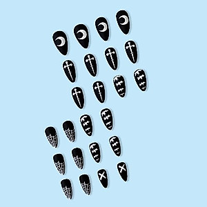 Halloween Press On Nails Almond, Glue on Nails with Spide Ghost Bat Pattern, Black Coffin Fake Nails Stick on Nails, Includes Prep Pad, Mini File, Cuticle Stick, Glue, Jelly Glue and 24 Fake Nails