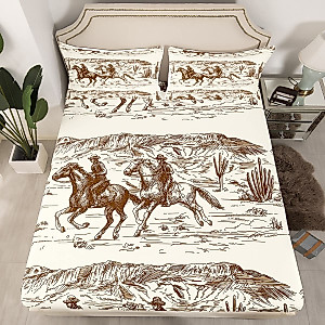 Erosebridal Western Bed Sheets Queen Size Cowboy Sheet Set American Wild West Desert Hand Drawn Illustration Fitted Sheet Country Theme Bedroom Decor Bedding Set for Boys Men Teens