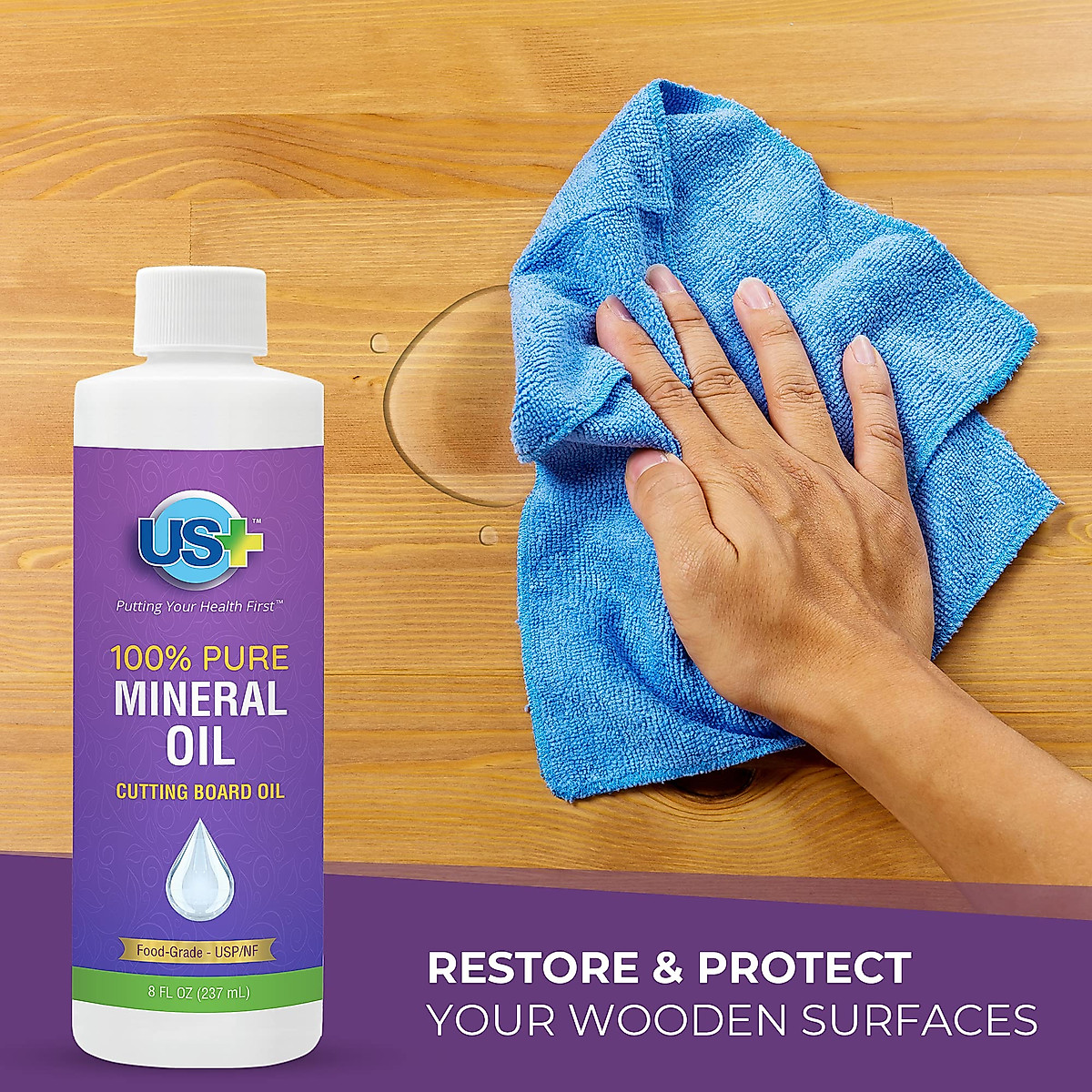 8oz US+ 100% Pure Mineral Oil - Cutting Board Oil - Food-Grade - USP - GMO-Free - Restores & Protects Cutting Boards, Butcher Blocks, Countertops, Steel Surfaces & More
