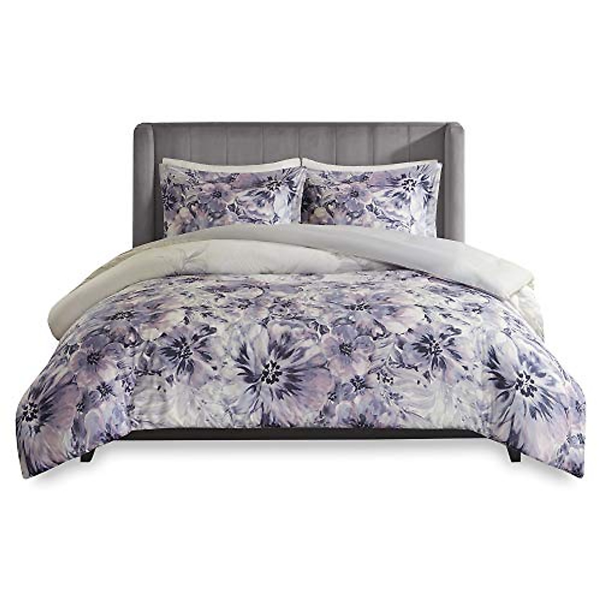 Madison Park Enza 100% Cotton Duvet Beautiful Floral Design All Season, Breathable Comforter Cover Bedding Set, Matching Shams, Full/Queen(90"x90"), Purple 3 Piece