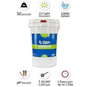 Rx Clear Stabilized Granular Chlorine | One 50-Pound Bucket | Use As Bactericide, Algaecide, and Disinfectant in Swimming Pools and Spas | Fast Dissolving and UV Protected